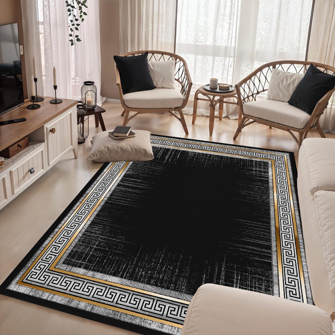 Modern Greek Key Border Decorative Rug Black and Gold, Non-slip Backing ...