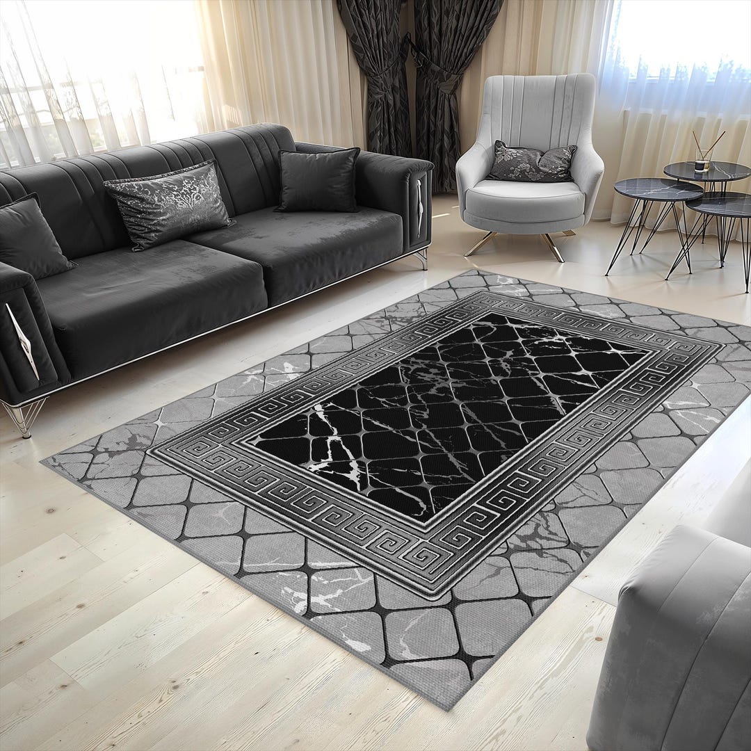 Gray and Black Marble Area Rug With Greek Key and Silver Accents ...