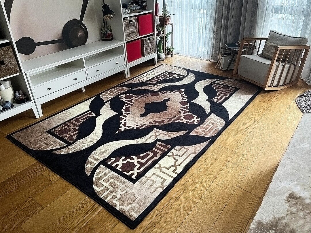 Geometric Abstract Rug in Earth Tones Faux Leather Non-slip, Machine ...