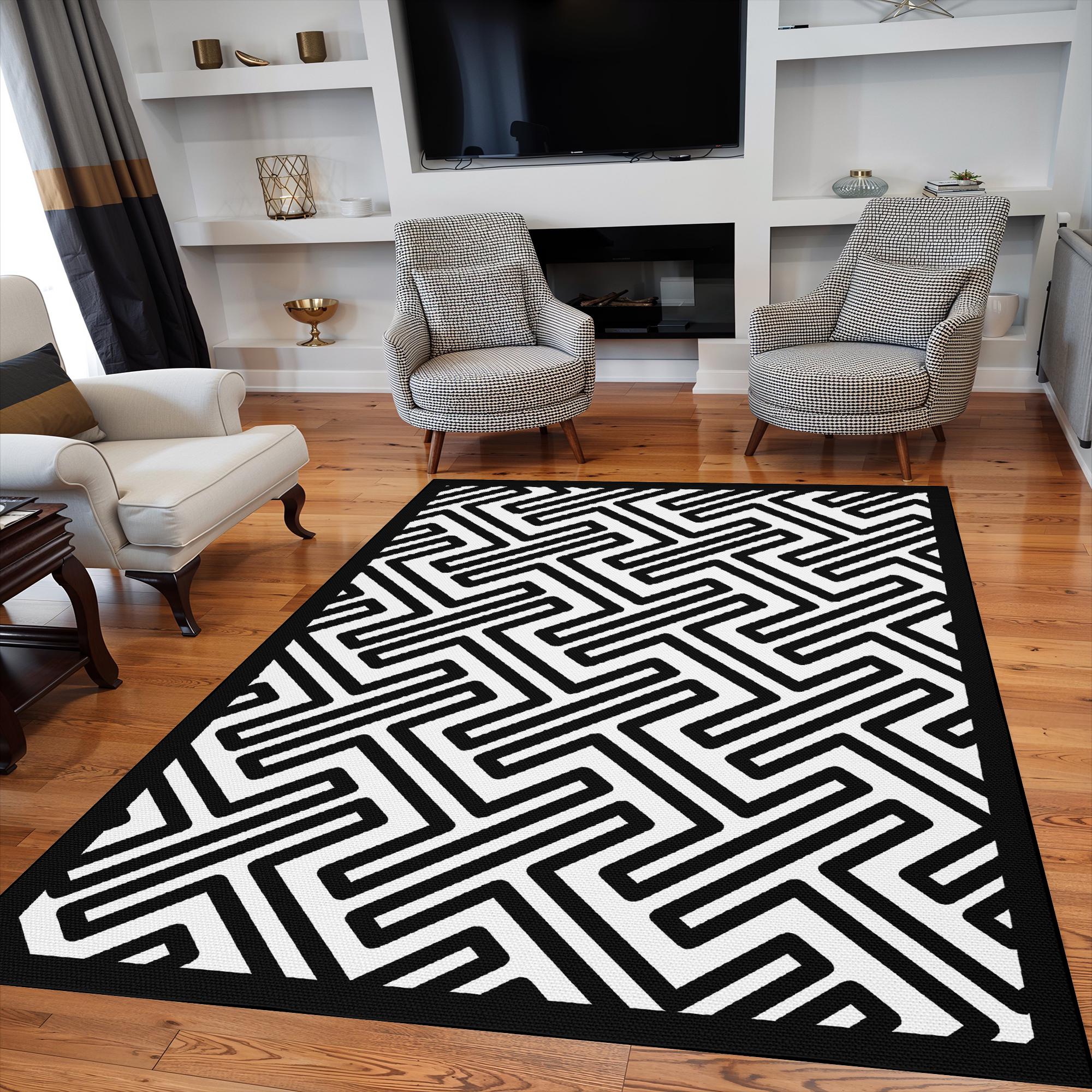 Modern Black and White Geometric Area Rug, Non-slip Faux Leather Base ...