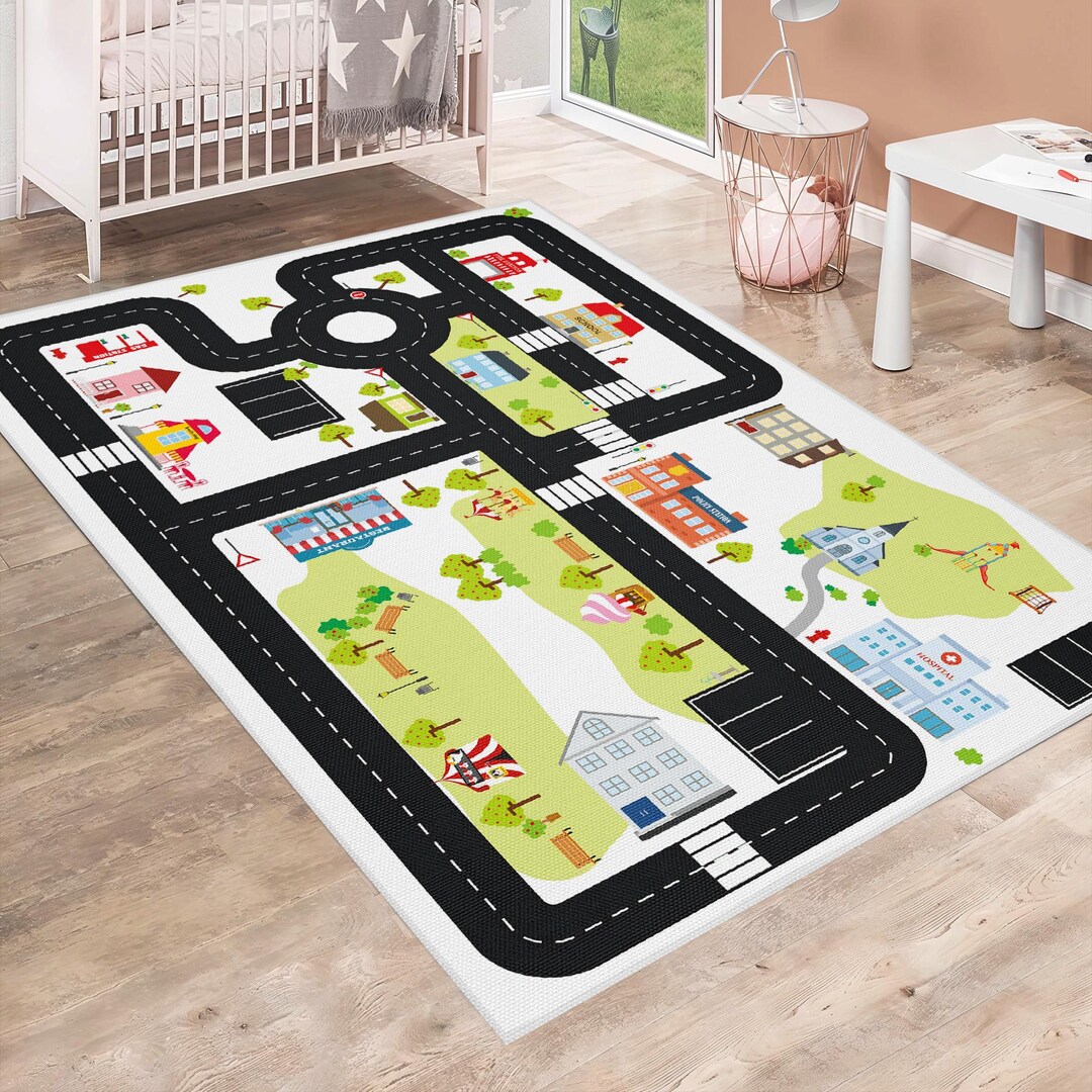 Kids Room Decorative Rug, Town Road Map Pattern Carpet, Non-slip Faux ...