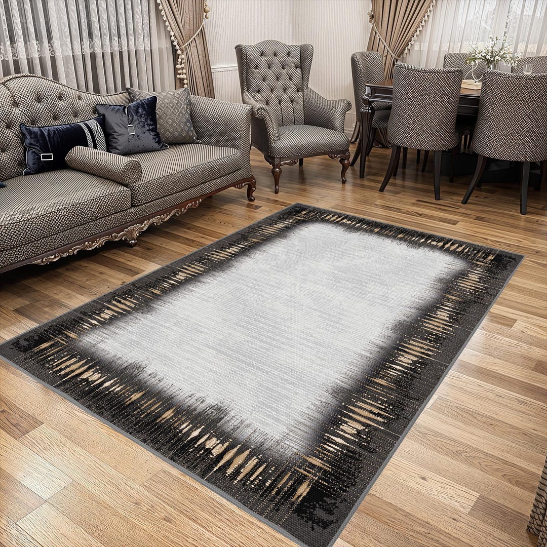 Gray and Gold Area Rug With Gradient Border Washable Non-slip Living ...
