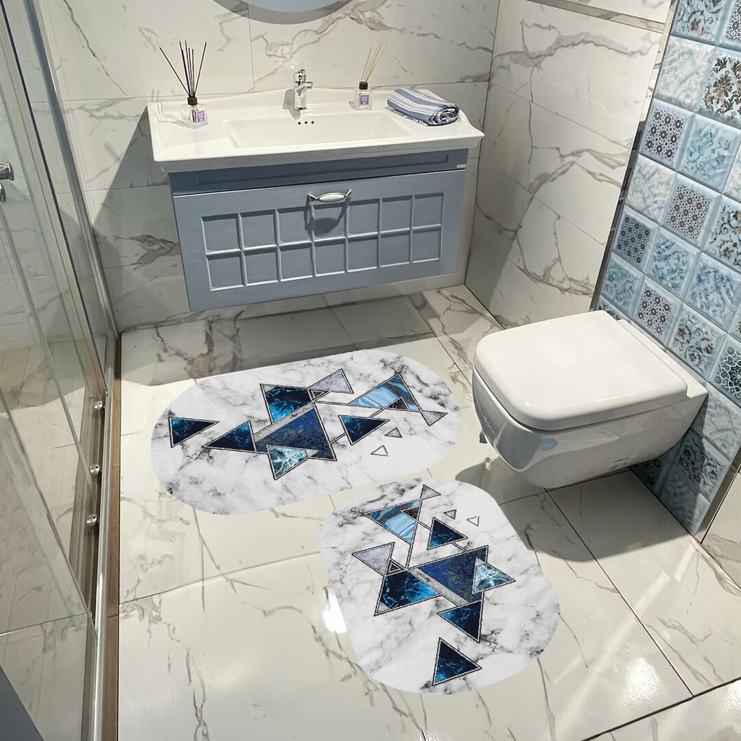 Modern Blue Geometric Marble Pattern Bathroom Mats - Bathroom Decor - 2 ...