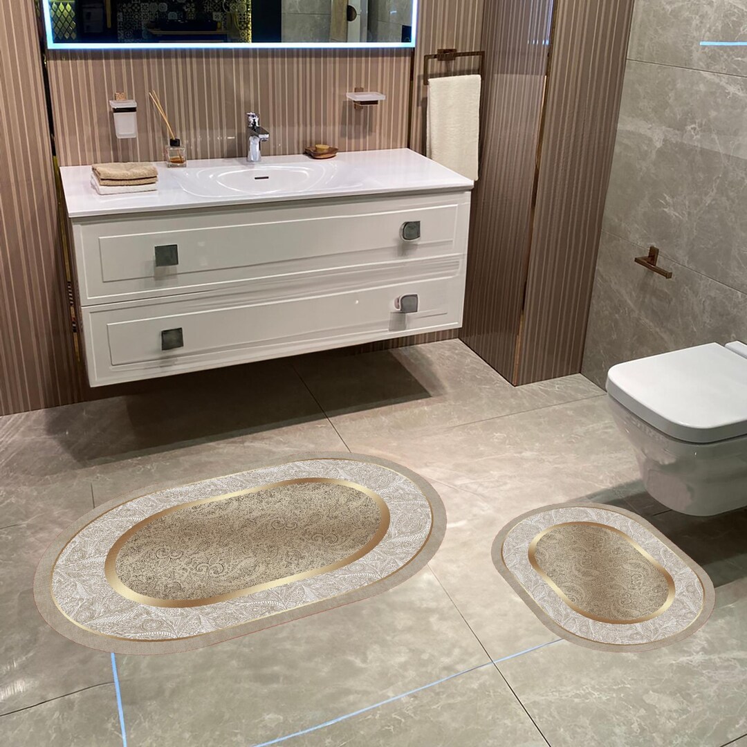 Luxury Bathroom Rug Set, 2-piece Non-slip Bath Mat Set Elegant Beige ...