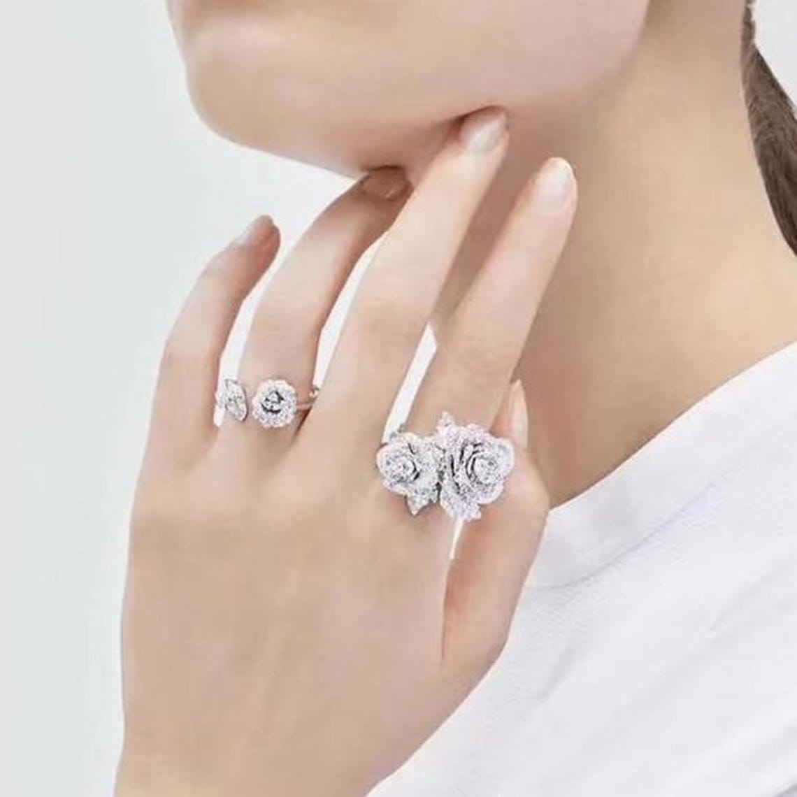 Luxury Flower Rose Blooming Ring, White Moissanite Round Cut, Solid 14K ...
