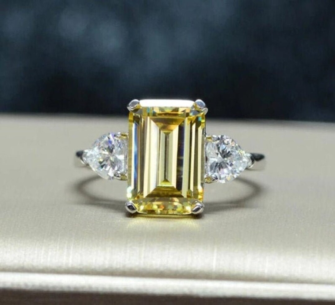 Canary Yellow Emerald Cut Lab Created Diamond Three Stone Engagement ...