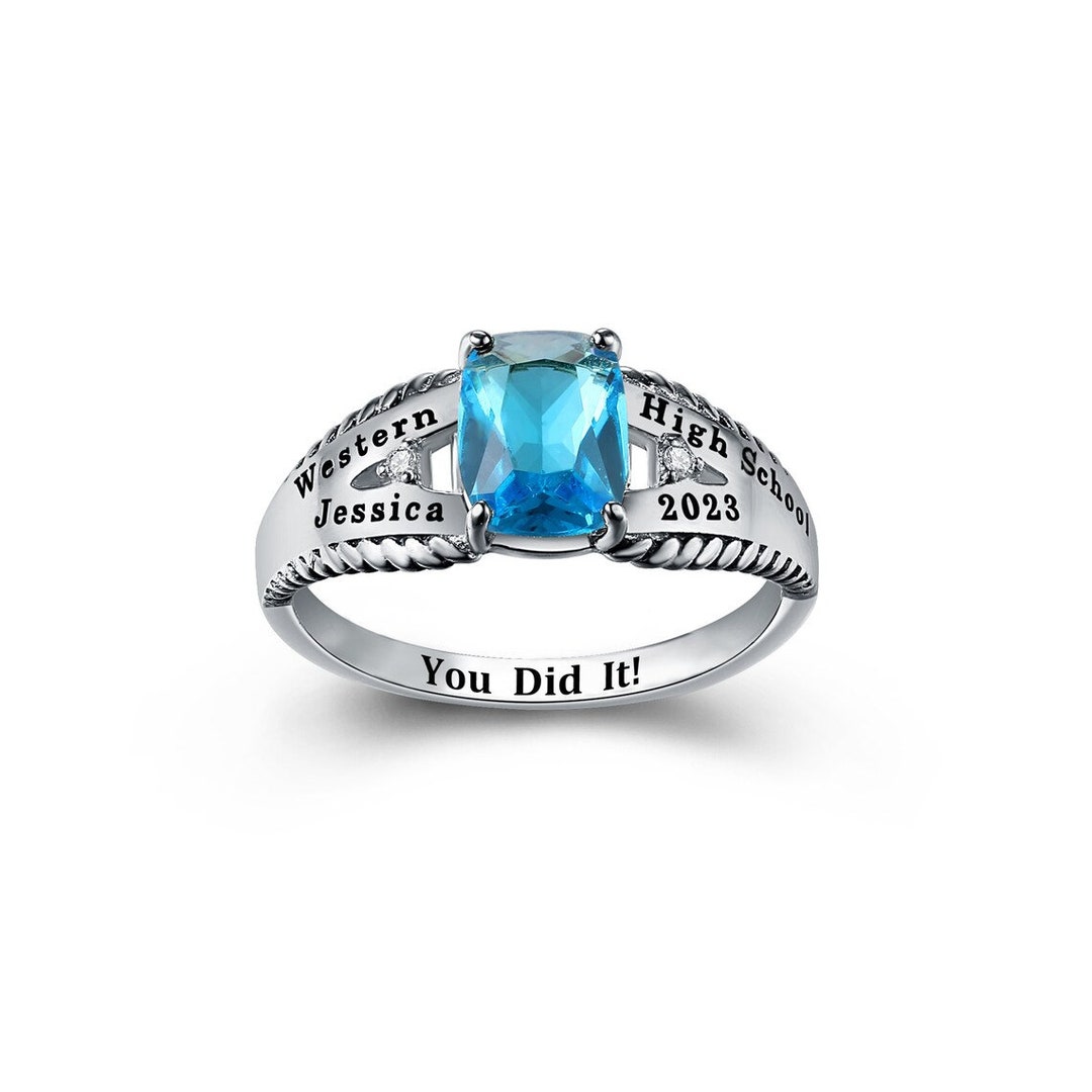 Custom Sterling Silver Class Ring: Personalized Moissanite Graduation ...