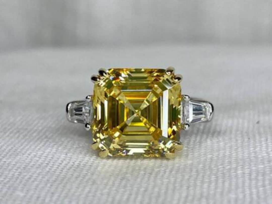 10 Carat Canary Yellow Asscher Cut Lab Created Diamond Three Stone ...