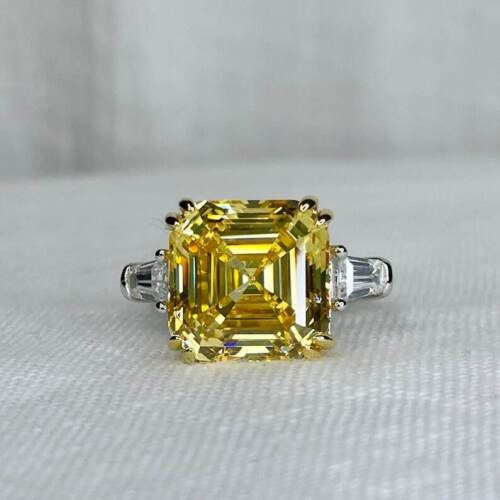 10 Carat Canary Yellow Asscher Cut Lab Created Diamond Three Stone ...