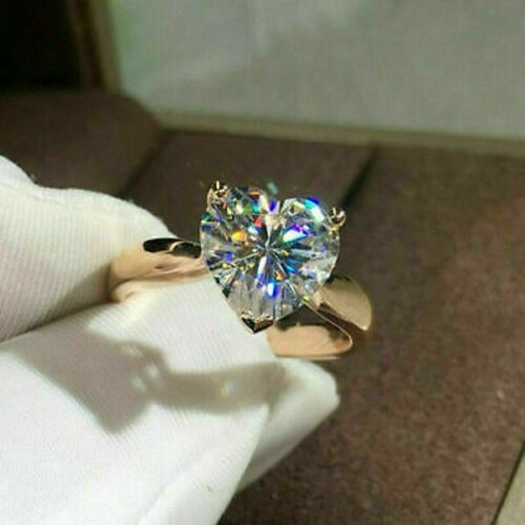 White Heart Cut Moissanite Solitaire Engagement Ring Solid 14K Rose ...