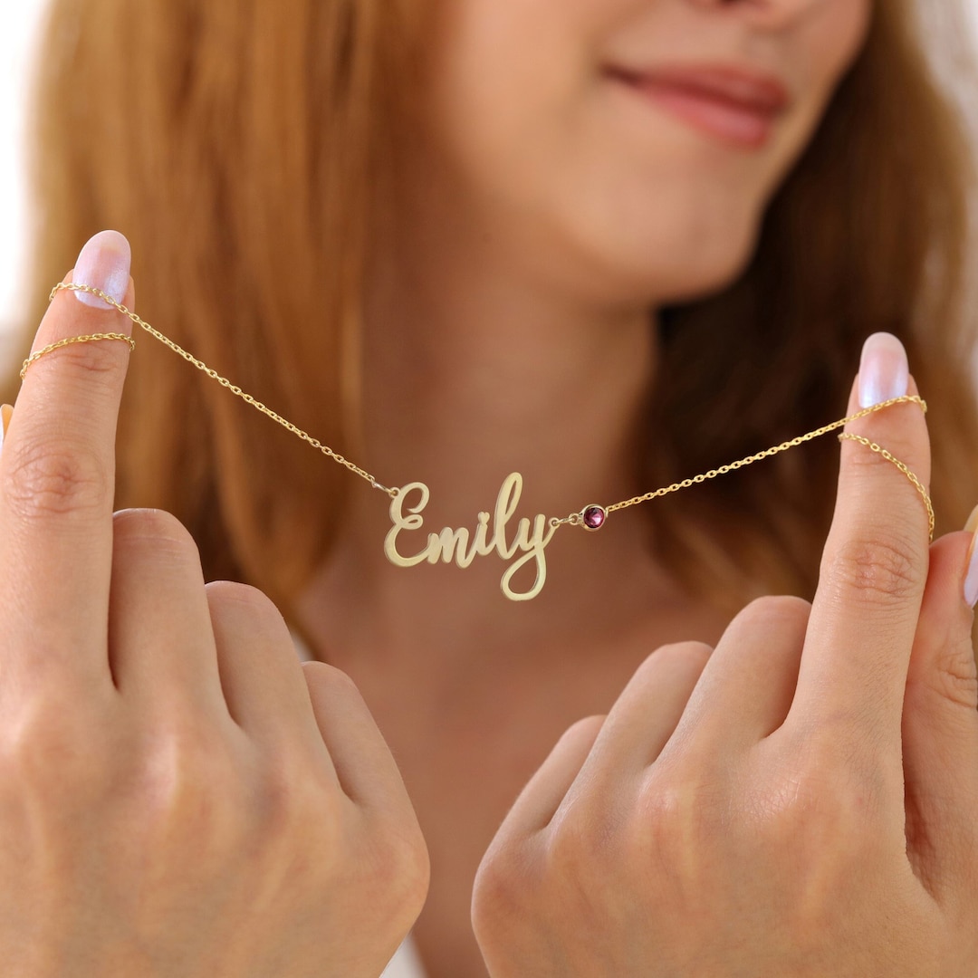 14k Solid Gold Personalized Birthstone Name Necklace, Charm Kids Name ...