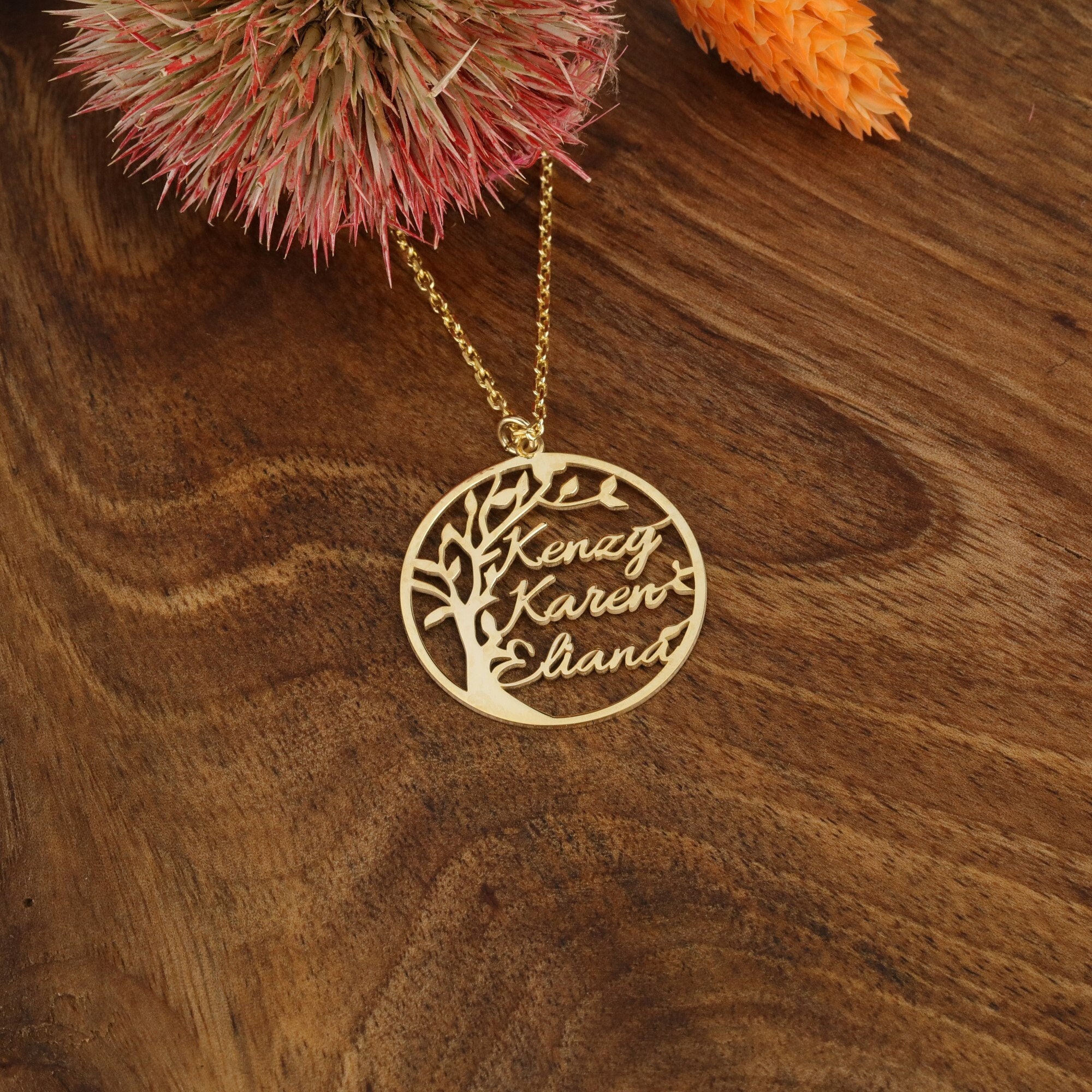 14k Solid Gold Personalized Family Tree Name Necklace Tree of - Etsy
