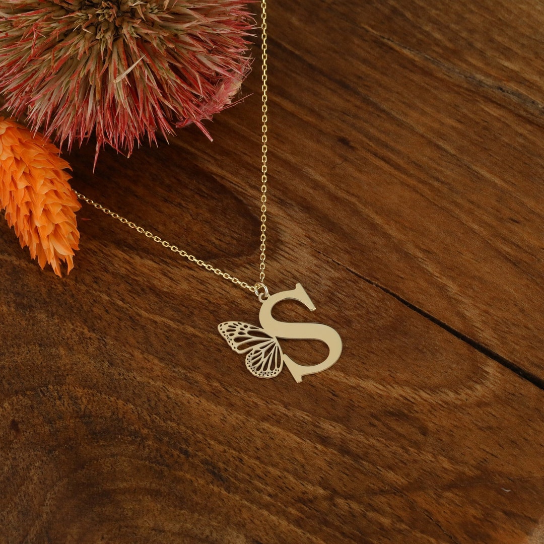 14k Solid Gold Butterfly Initial Necklace - Personalized Letter Necklace - Etsy