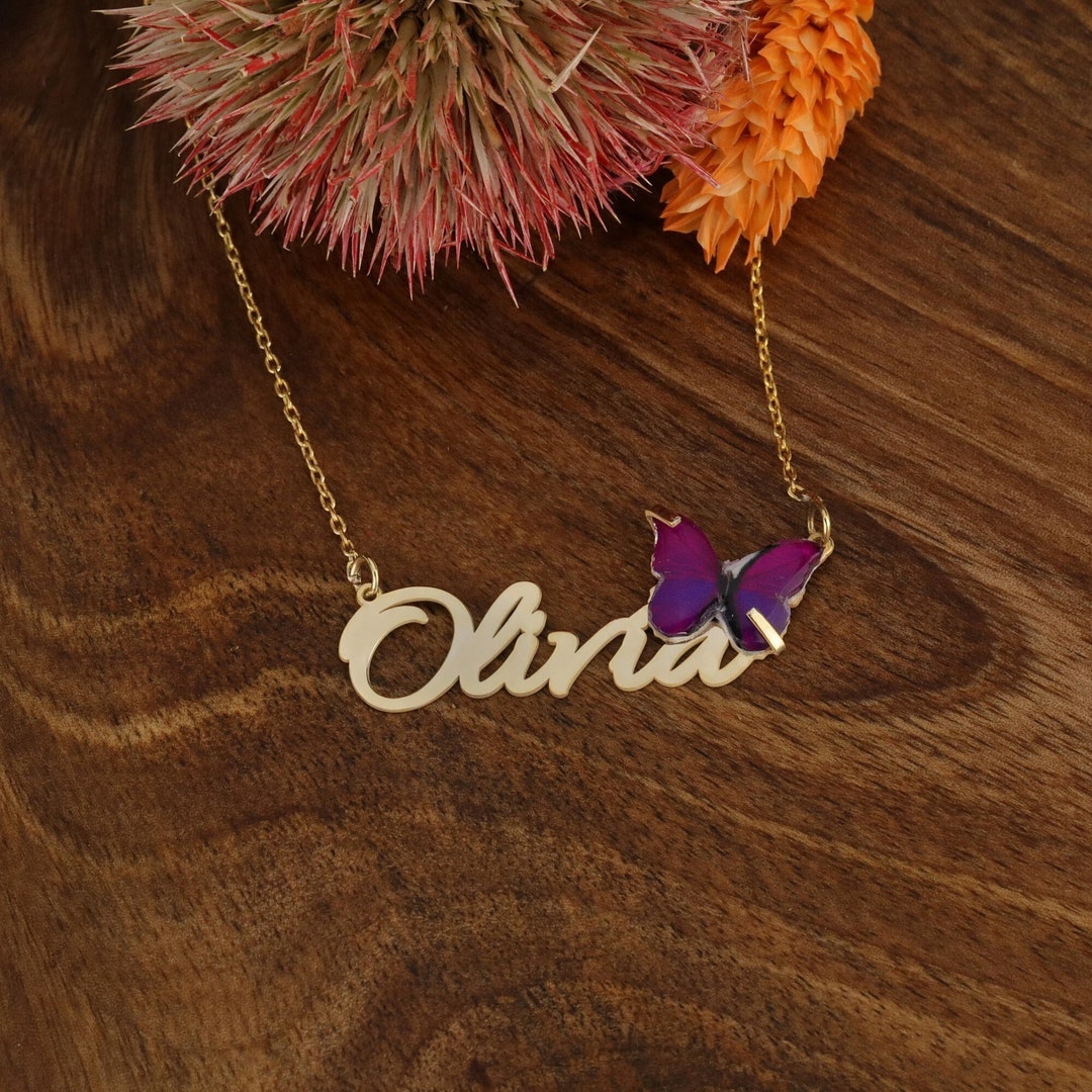 14k Solid Gold Purple Butterfly Name Necklace, Layer Butterfly Charms ...