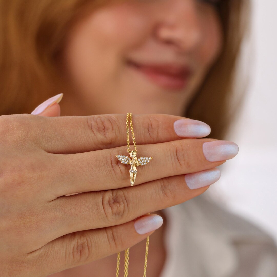 14k Solid Gold Baby Angel Necklace, Cherubim Necklace, Praying Hands ...
