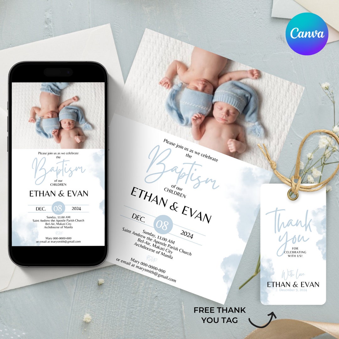 Minimalist Modern Dusty Blue Baptism Boy Twins, Printable Invitation ...