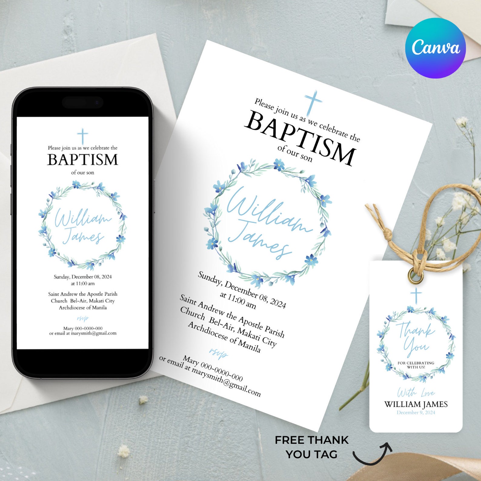 Blue Floral Baptism Boy Invitation, Minimalist Boy Christening Invite ...