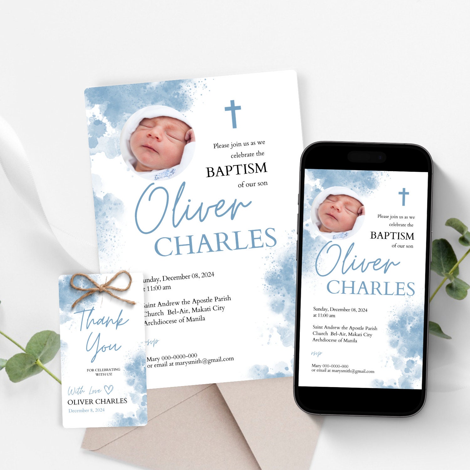 Modern Baptism Invitation Minimalist Boy Watercolor Blue Cross ...