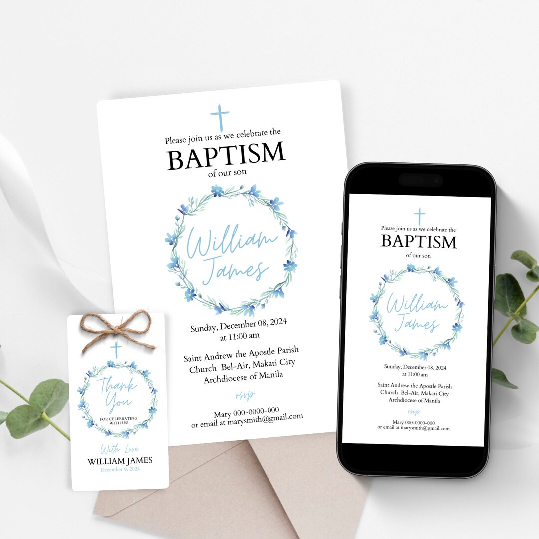 Blue Floral Baptism Boy Invitation Minimalist Boy - Etsy