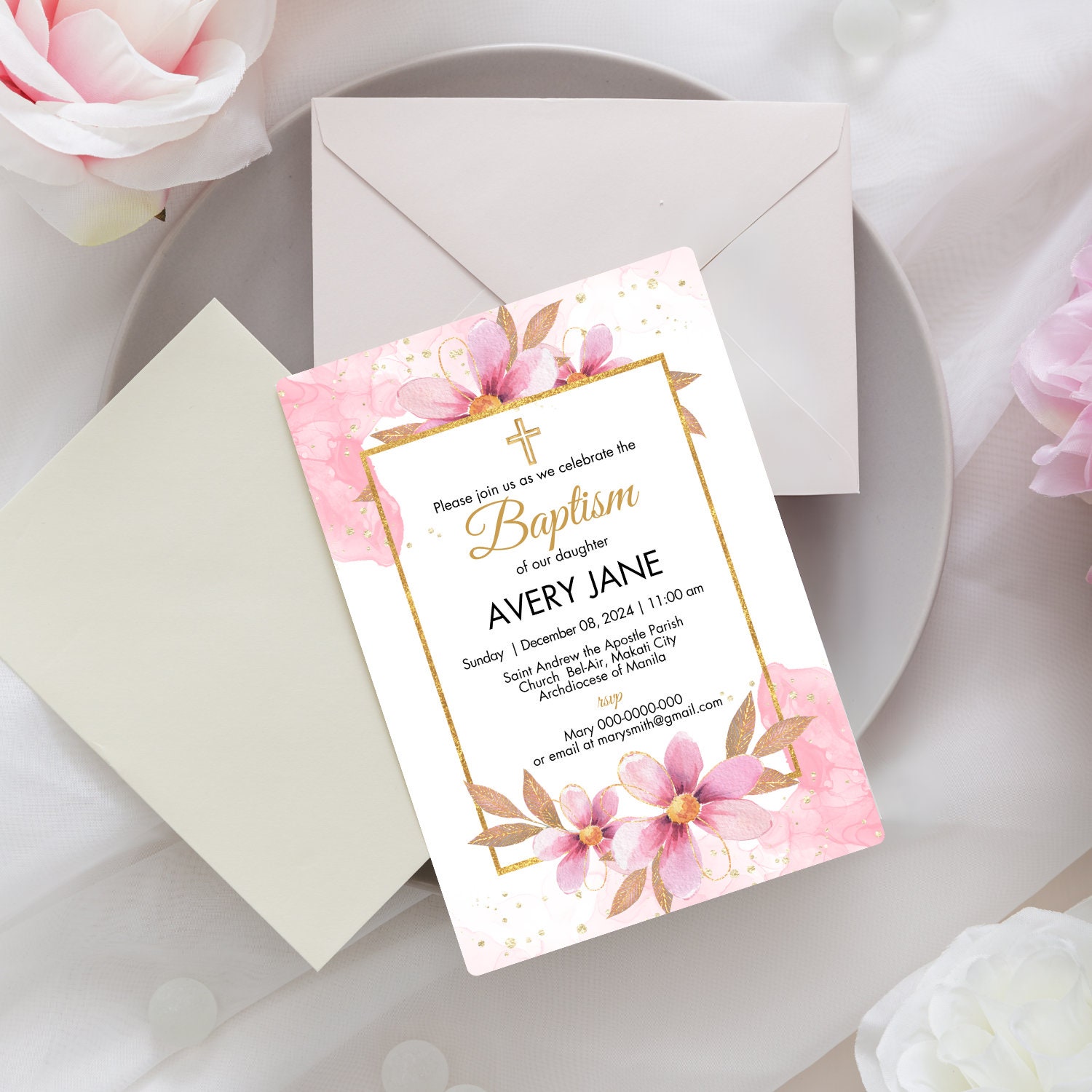 Blush Pink Flower Baptism Invitation, Flower Baby Girl Religious ...