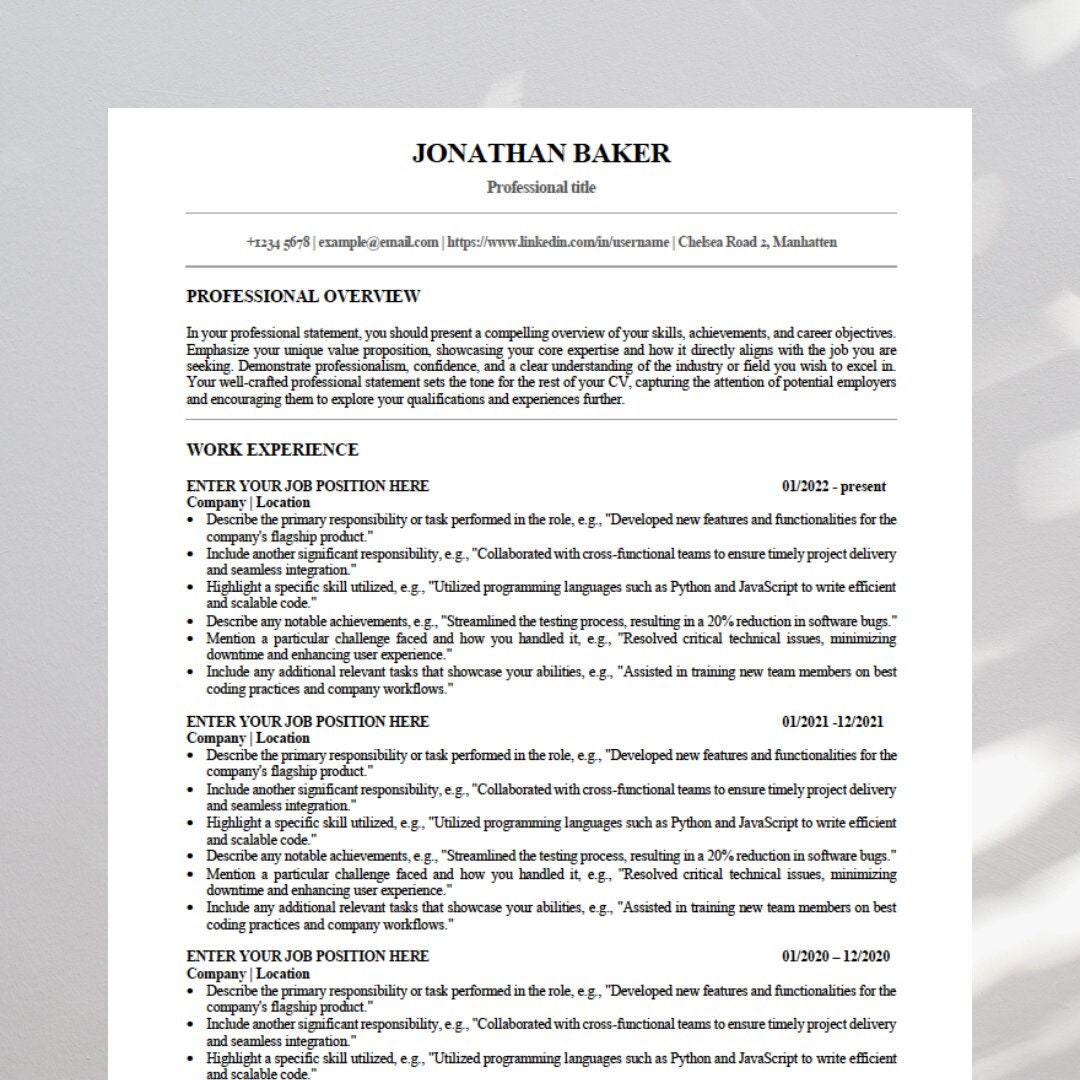 ATS Resume Template Word Minimalist ATS Resume Template - Etsy