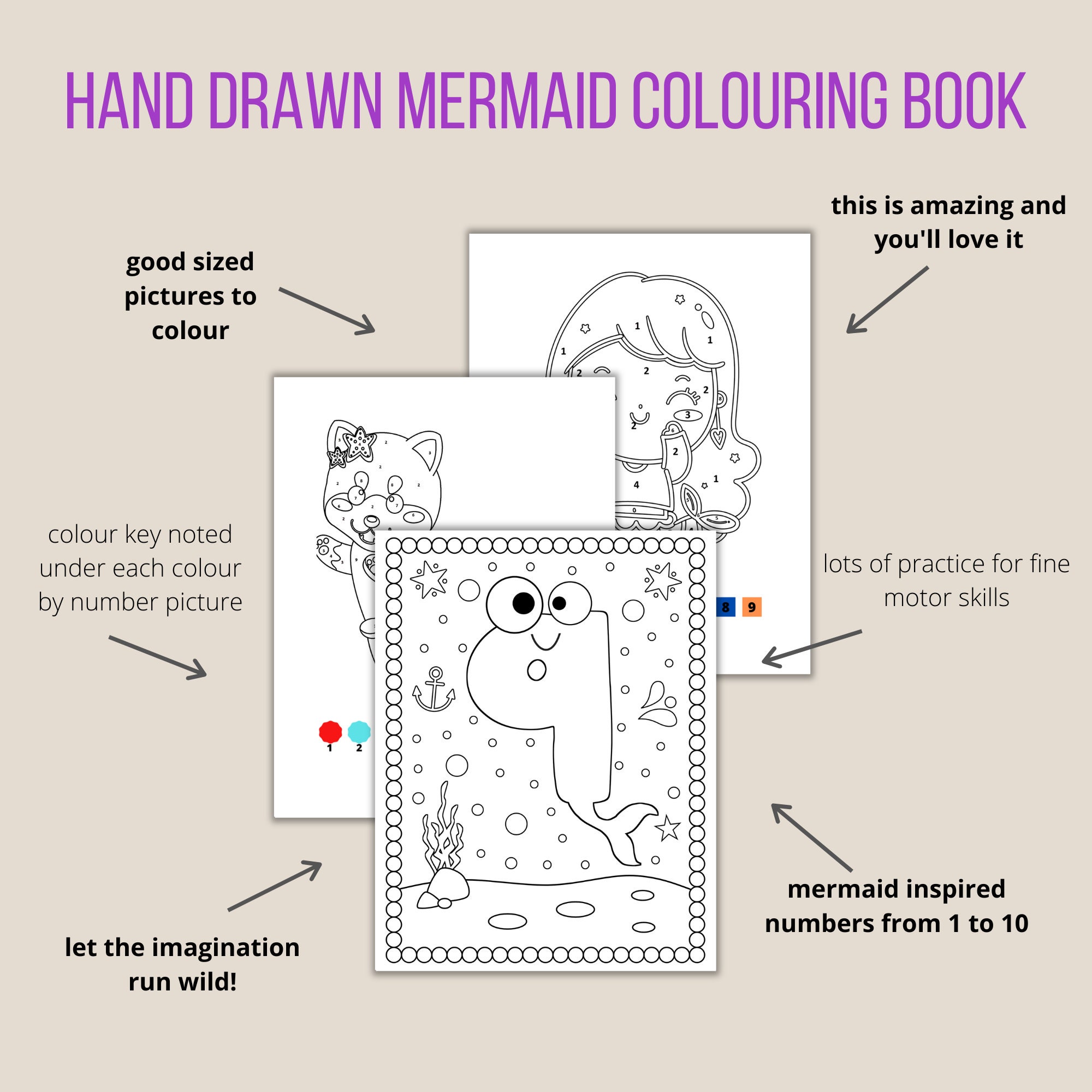 PRINTABLE DIGITAL FILE - Mermaid Colouring Book Including Numbers 1 to ...