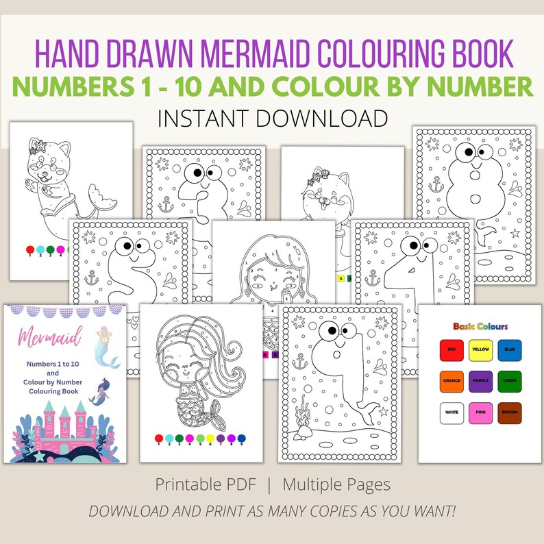 PRINTABLE DIGITAL FILE - Mermaid Colouring Book Including Numbers 1 to ...