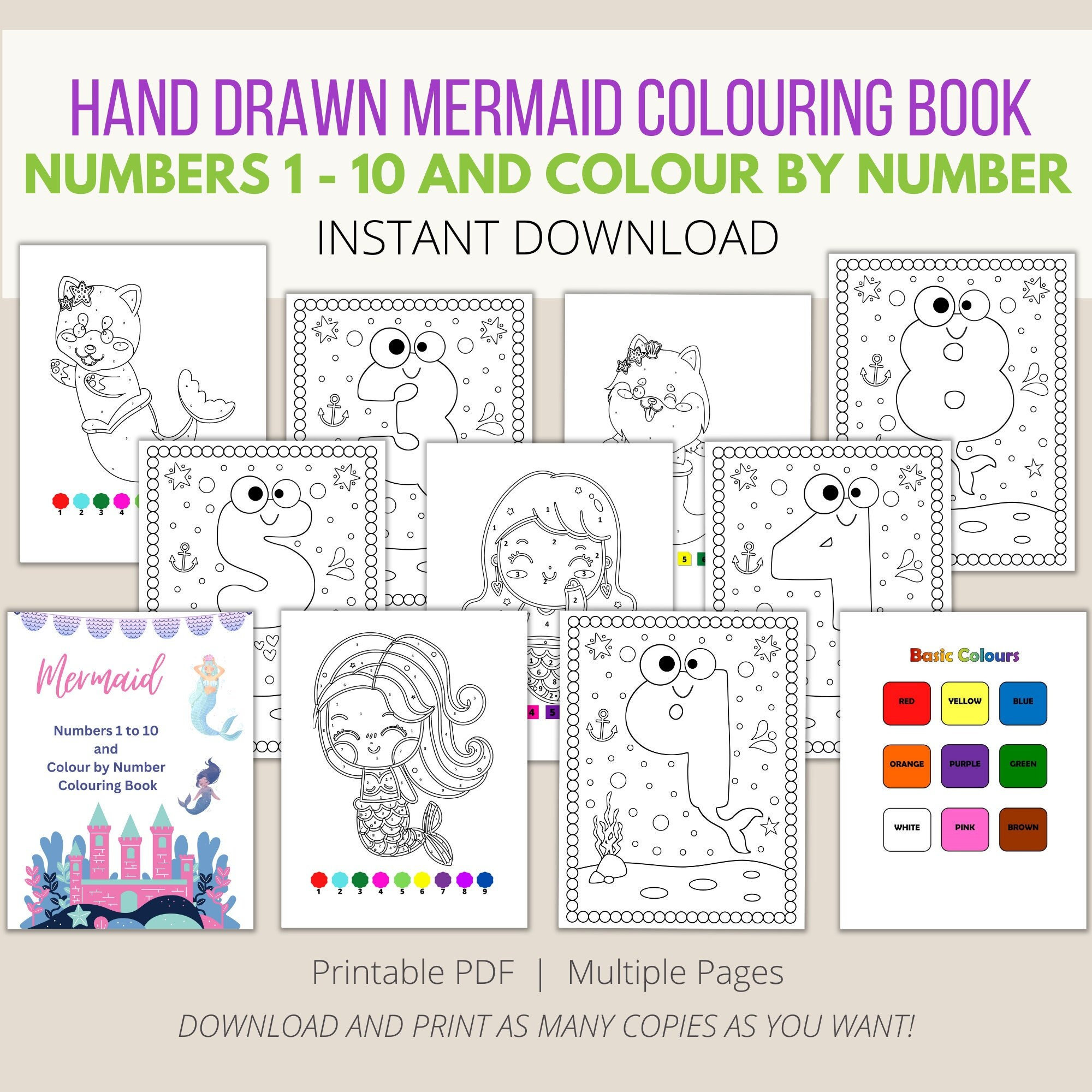 PRINTABLE DIGITAL FILE Mermaid Colouring Book Including Numbers 1 to 10 ...