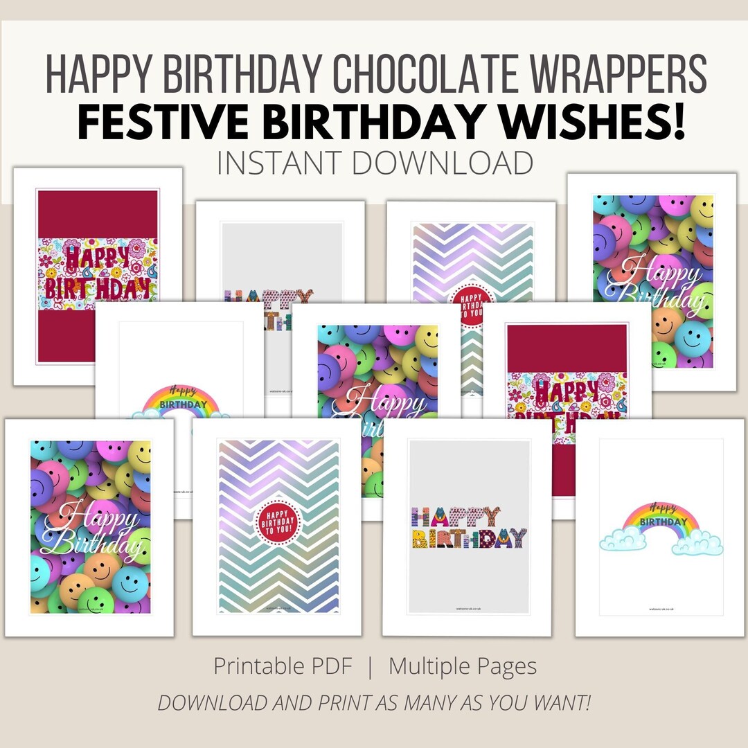 PRINTABLE DIGITAL FILE - Happy Birthday Chocolate Wrappers for a 100 ...