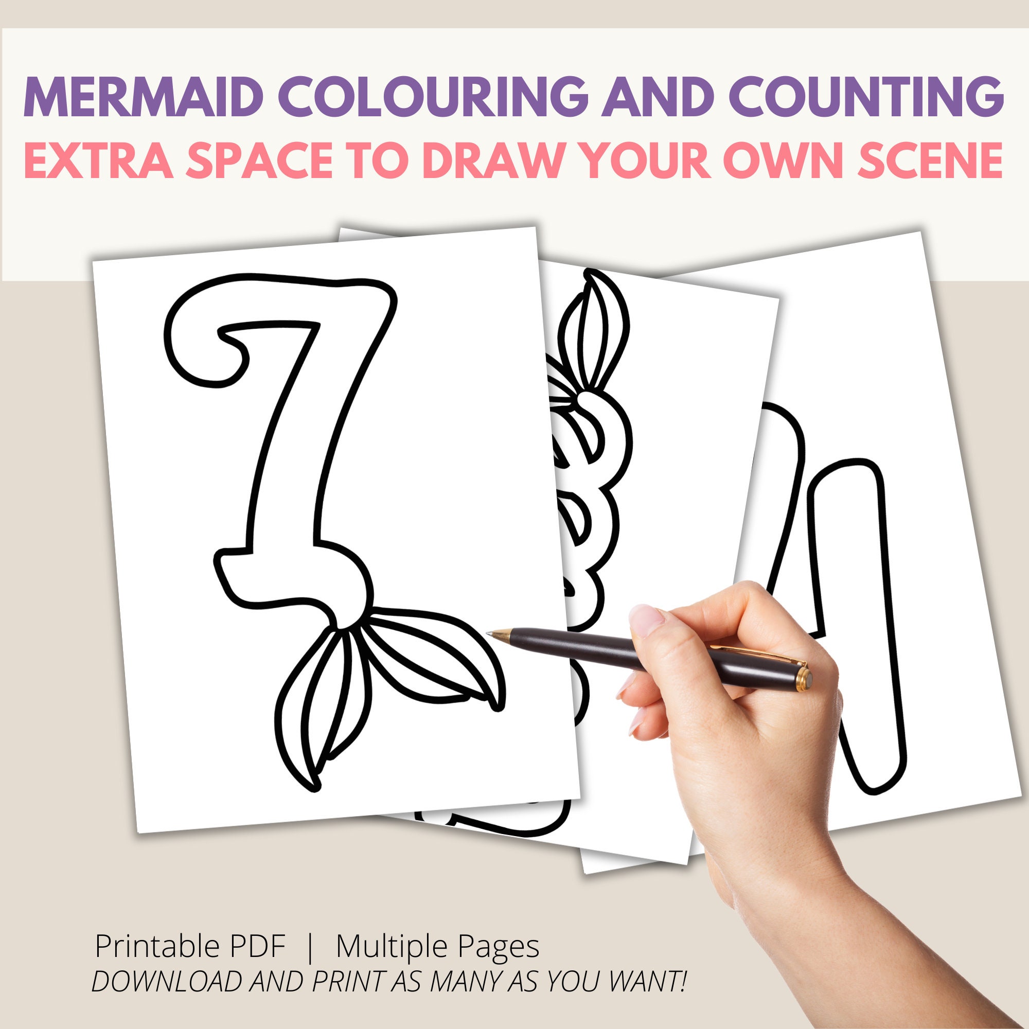 PRINTABLE DIGITAL FILE - Mermaid Colouring and Counting, Colouring Book ...