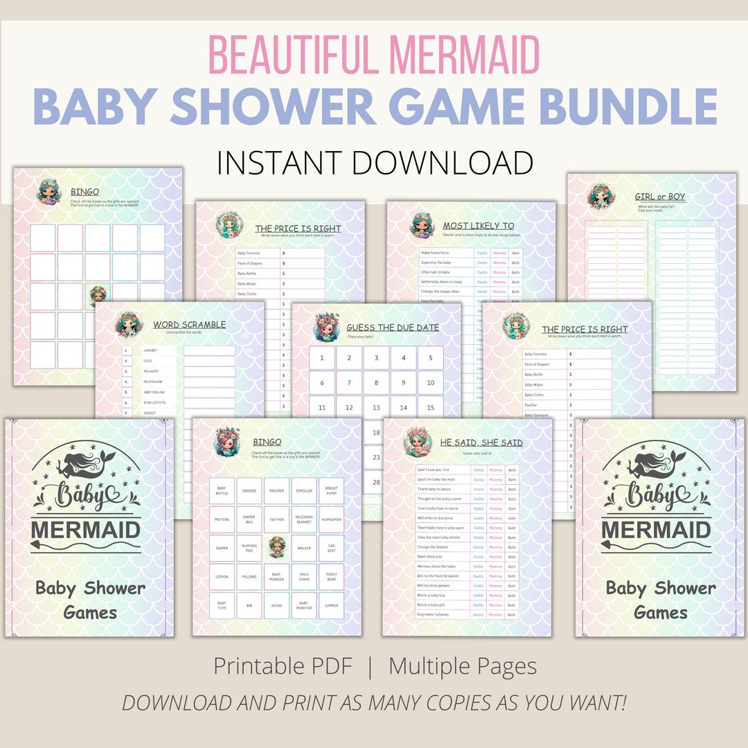 PRINTABLE DIGITAL FILE - Beautiful Mermaid Baby Shower Game Bundle ...