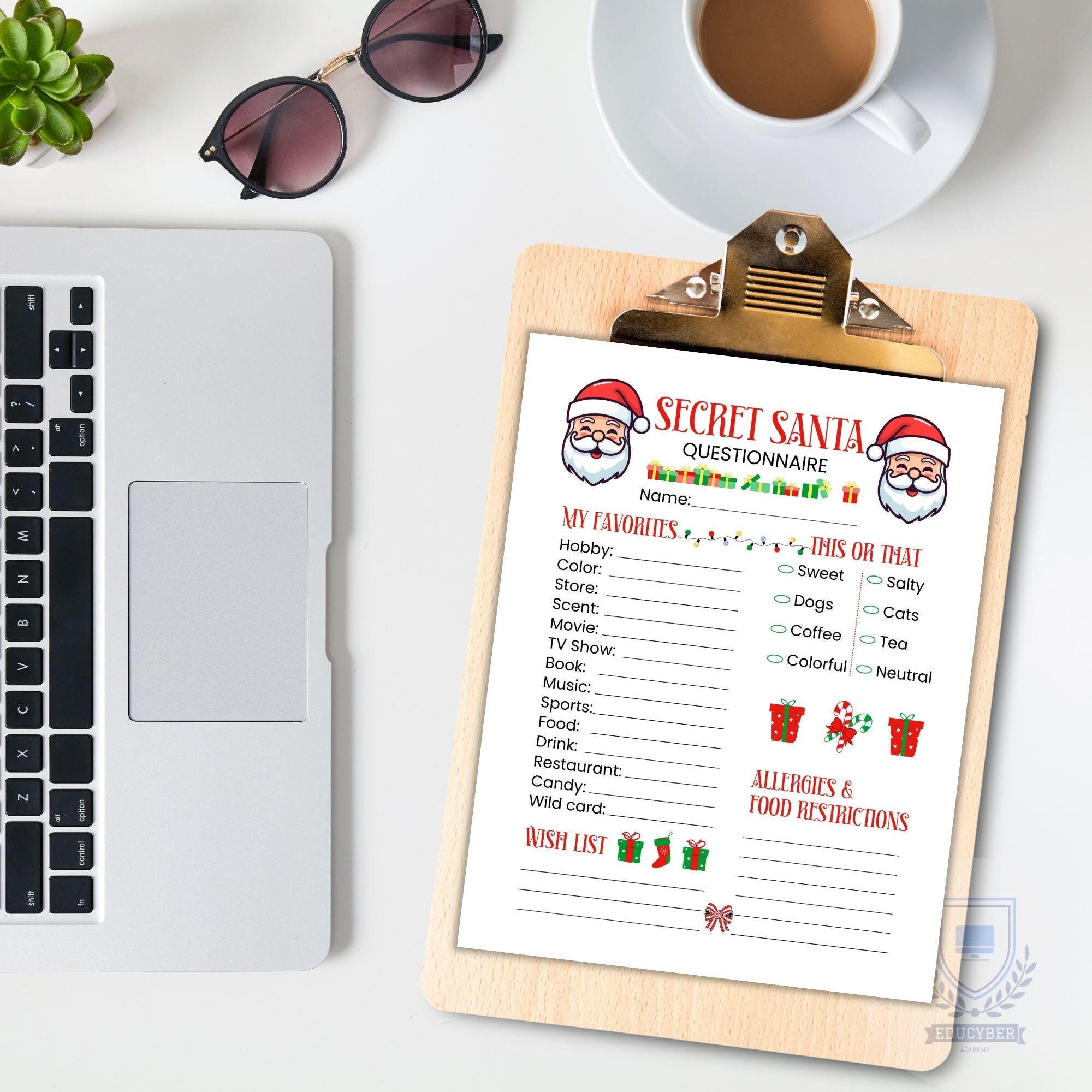 Secret Santa Printable Gift Exchange Questionnaire Christmas White ...