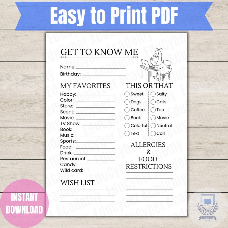 Team Building Get to Know Me Printable Questionnaire (US Letter PDF ...