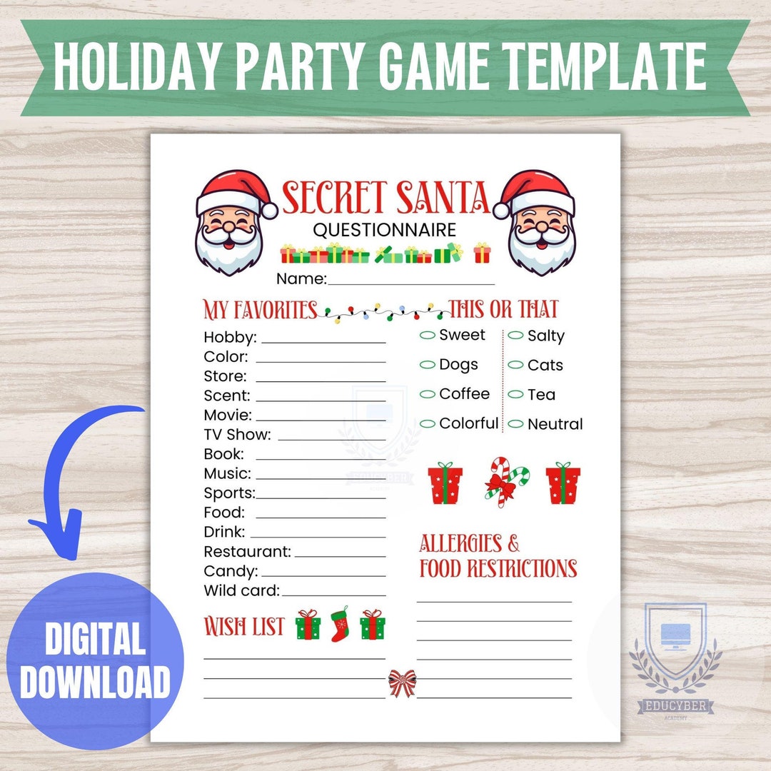 Secret Santa Printable Gift Exchange Questionnaire Christmas White ...