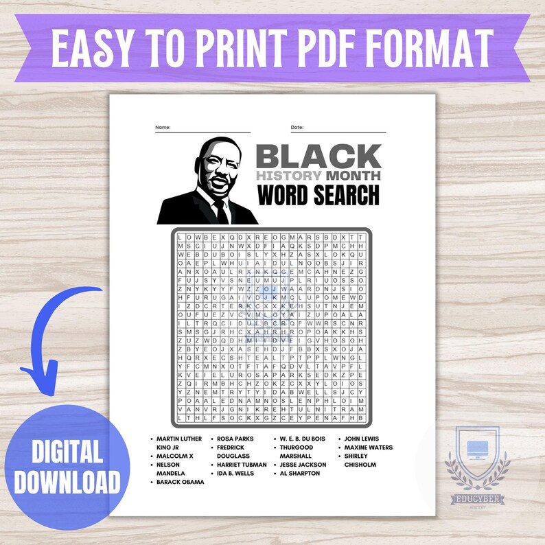 Black History Month MLK Printable Word Search Instant PDF Download ...