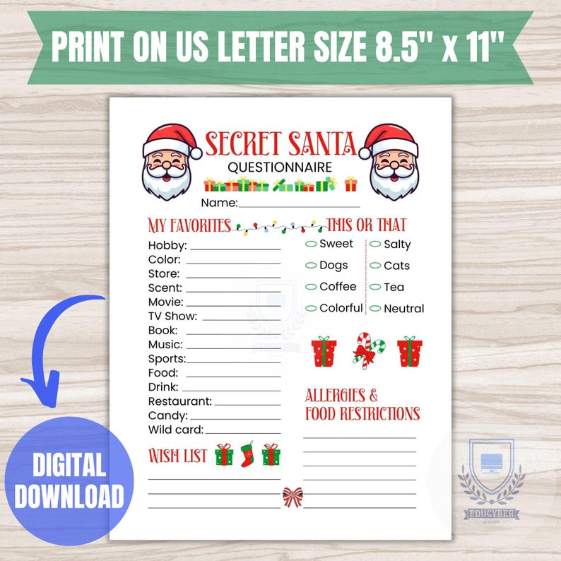 Secret Santa Printable Gift Exchange Questionnaire Christmas White ...