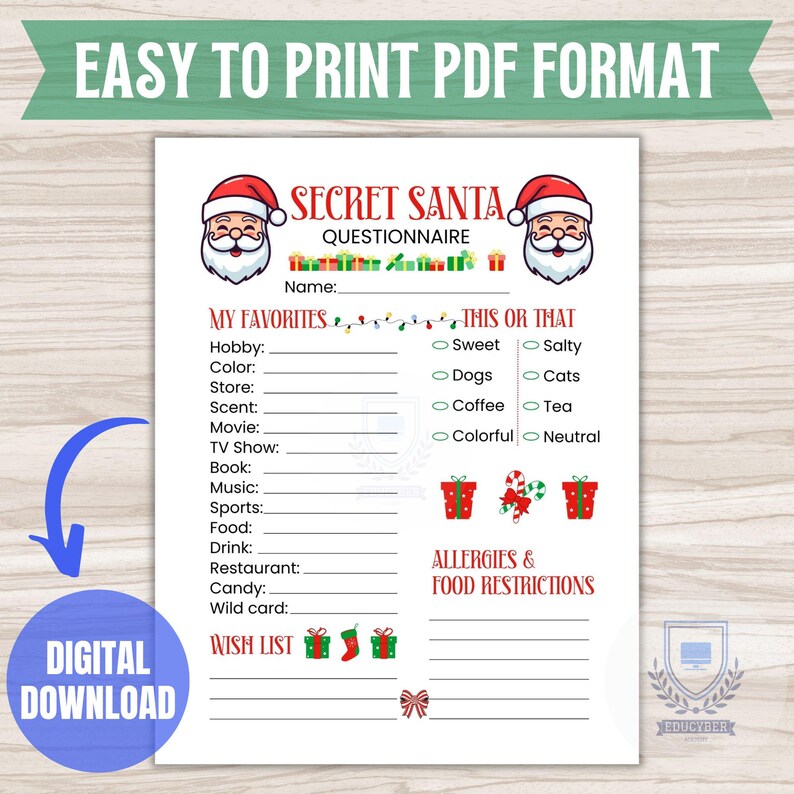 Secret Santa Printable Gift Exchange Questionnaire Christmas White ...