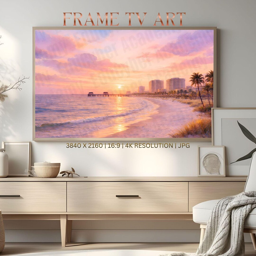 Ocean Pastel Frame TV Art With Sunset Beach, Coastal Vacation Home ...