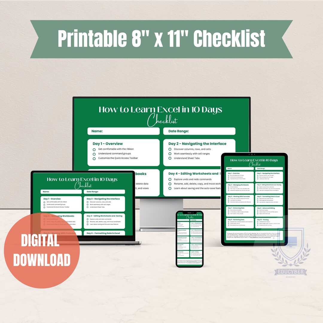 How to Learn Excel in 10 Days Checklist ONLY Easy to Follow One Page Instant Download Topic ...