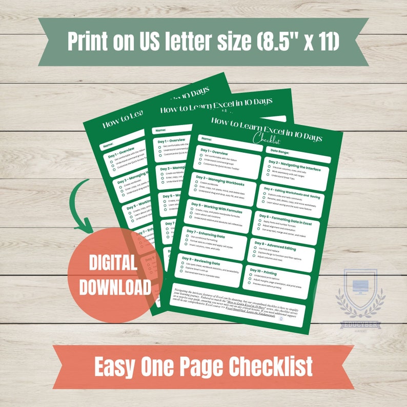 How to Learn Excel in 10 Days Checklist ONLY Easy to Follow One Page Instant Download Topic ...