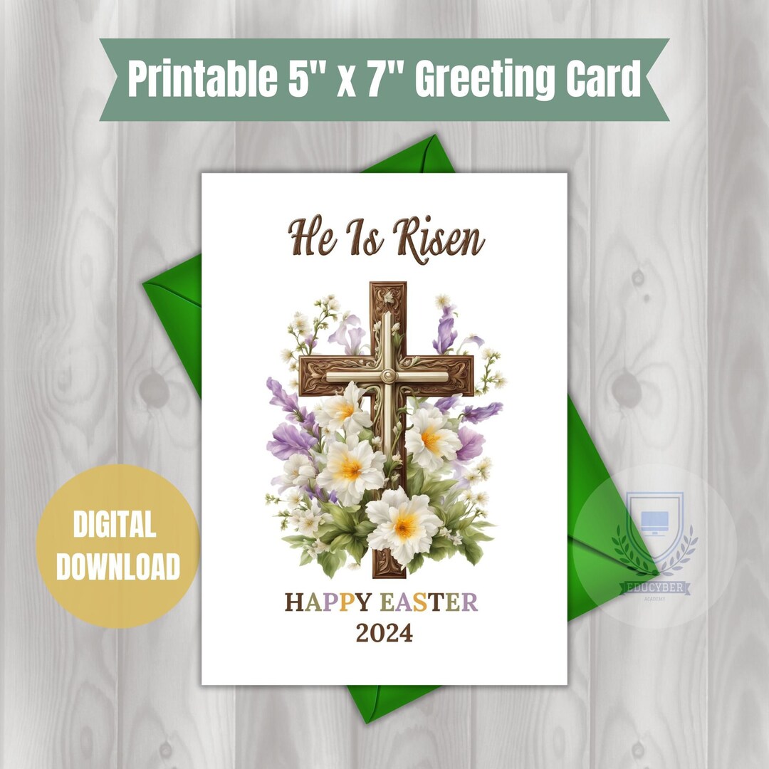 Printable Easter Greeting Card Happy Easter 2024 He is Risen Christian ...