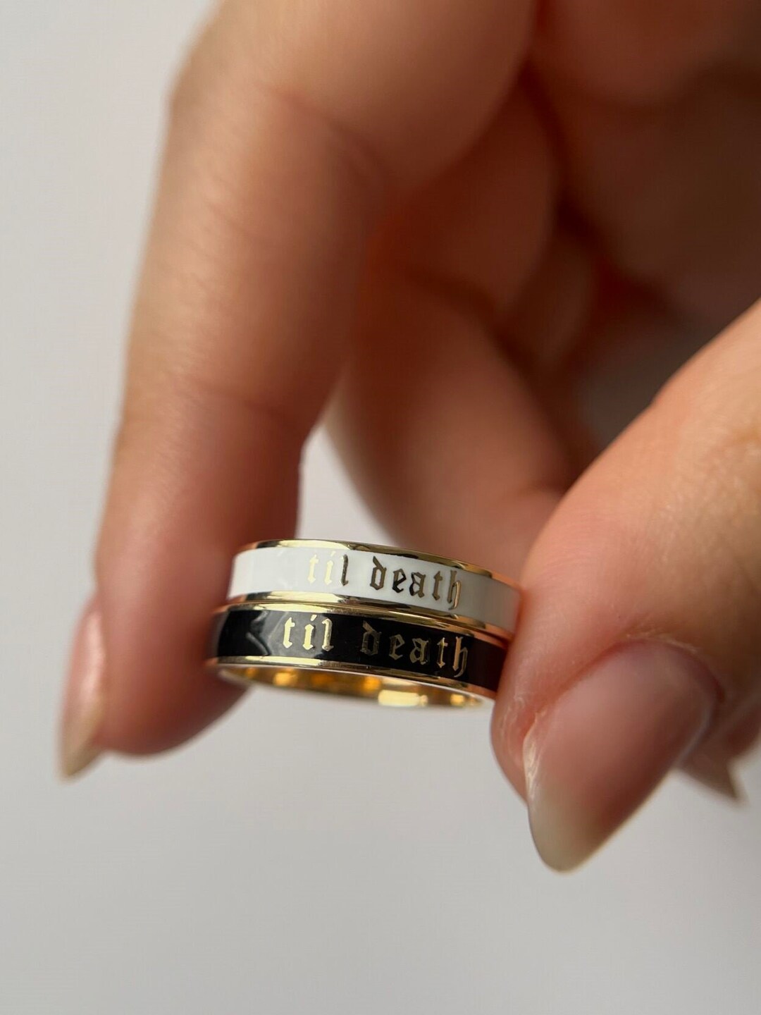 6mm & 4mm Wide Til Death White Enamel Band Ring, Pair Set of Til Death ...