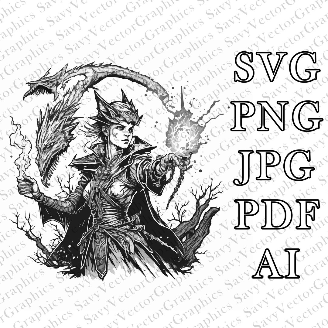 Female Warlock, Warlock, SVG, Shades of Gray on White Background, D&D ...