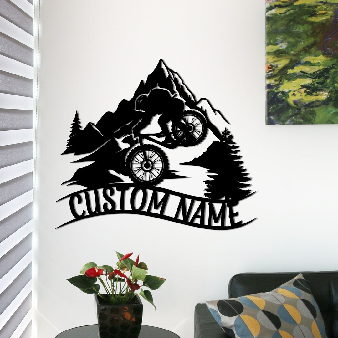 Mountain Bike Metal Wall Art Bicycle Wall Art Mountain Tree and Cyclist ...