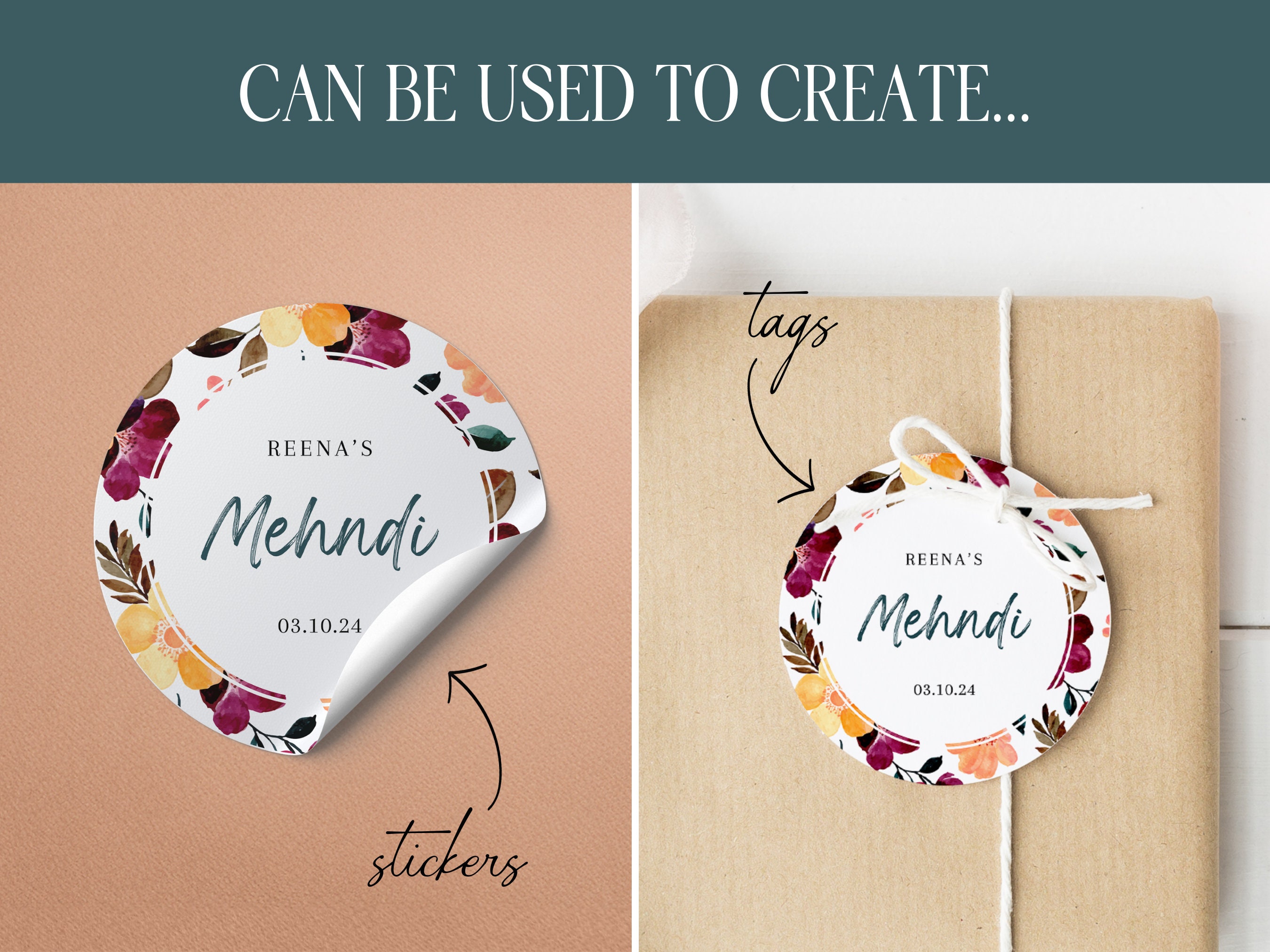 Mehndi Favour Sticker Gift Tag Template Editable Template for Wedding ...