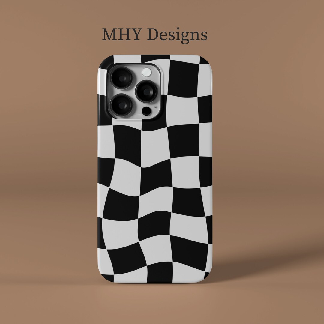 Distorted Black & White Checkered Protective Phone Case iPhone 14 13 12 ...