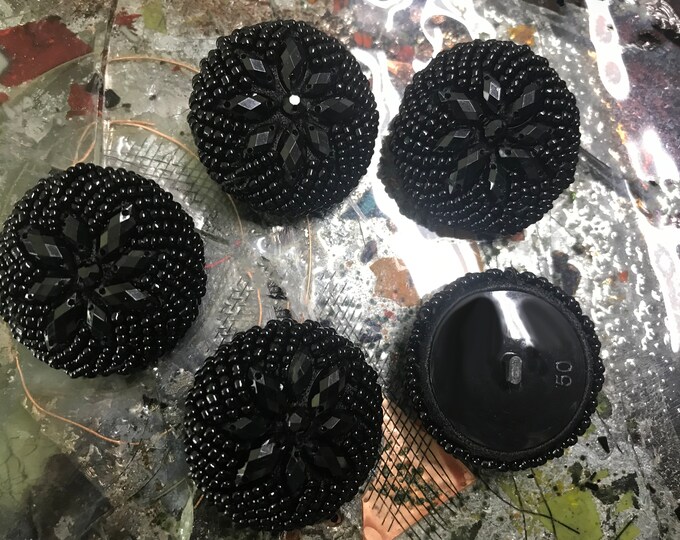 Black on Black Hand-made Glass Beads Embroidered Buttons 38 MM Width ...