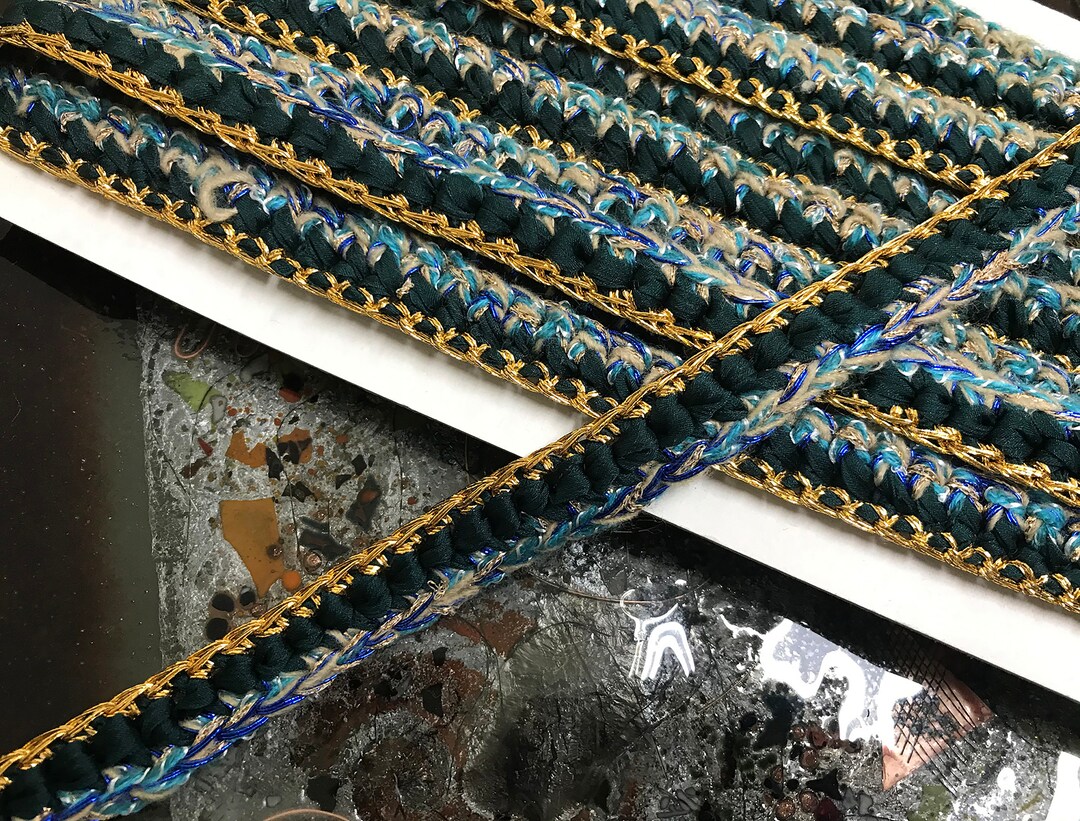 Shades of Blue/teal/tans/gold Hand Made Crocheted French Braid Trim - 6 ...