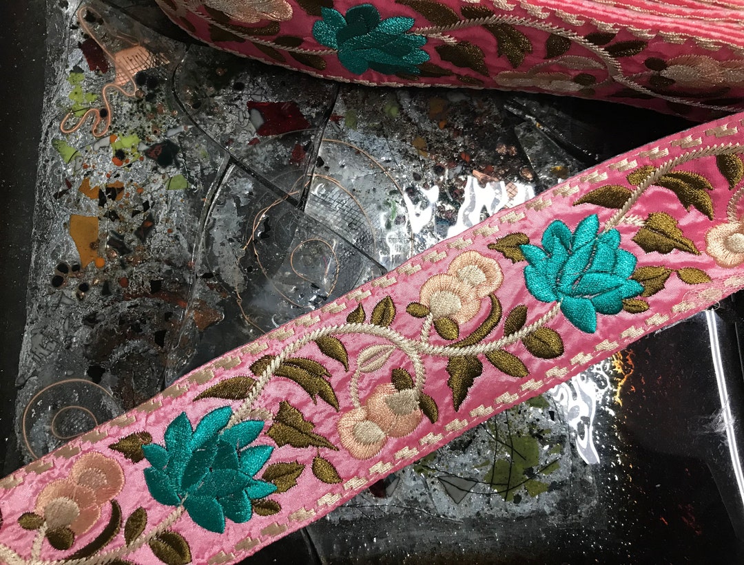 Boho Embroidered Floral Ribbon – Pink, Turquoise, Beige, and Sage Green ...