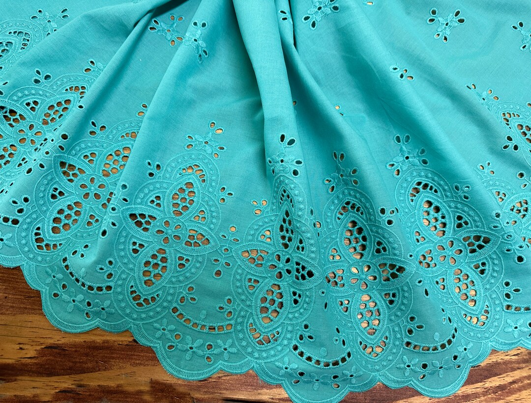 Teal Embroidery on Teal Background - Broderie Anglaise Cotton Eyelet ...